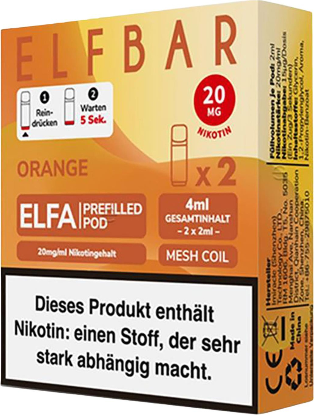 ELFBAR ELFA Pod Orange 20mg/ml Nikotin 2er - Elfa Pods - Pod-Systeme ...
